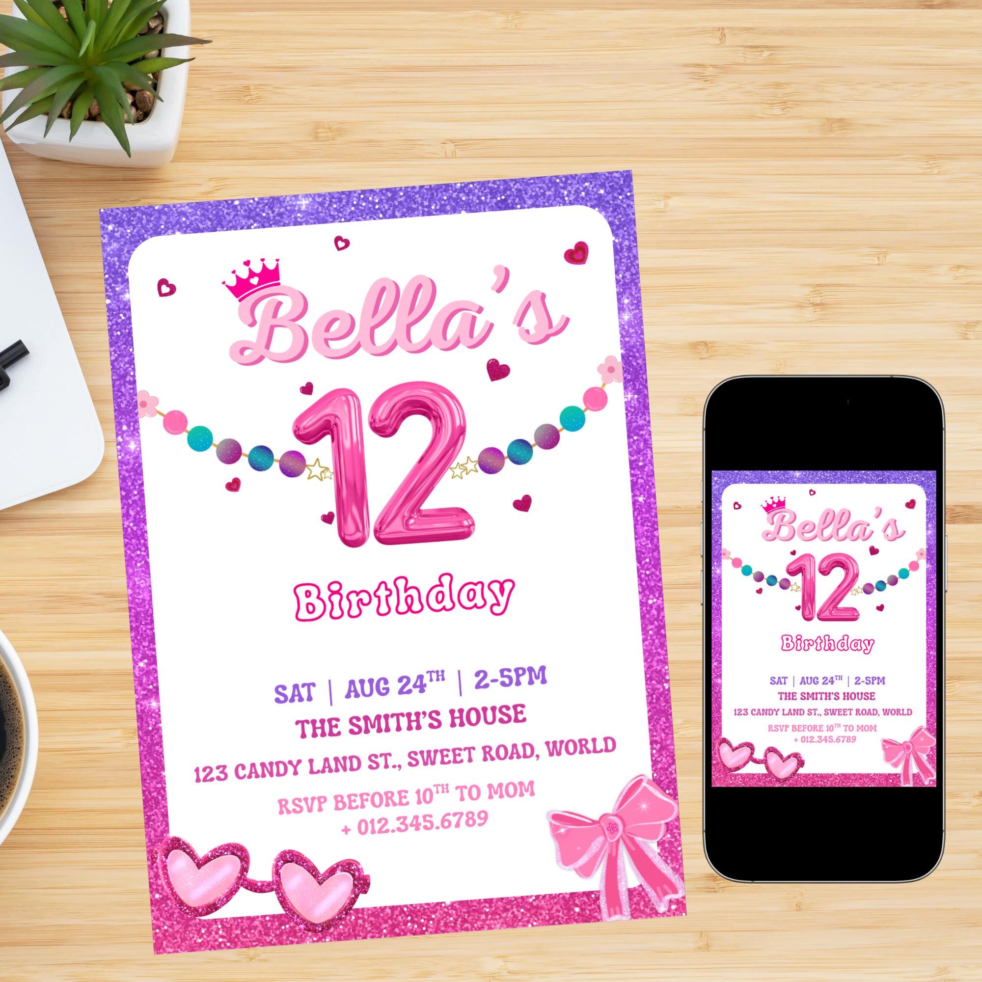 Editable 12th Birthday Invitation Card Doll Invitation Party Pink ...