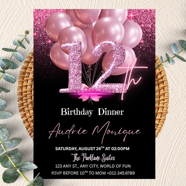 Editable 12th Birthday Invitation Girl Black & Pink Glitter Balloons ...
