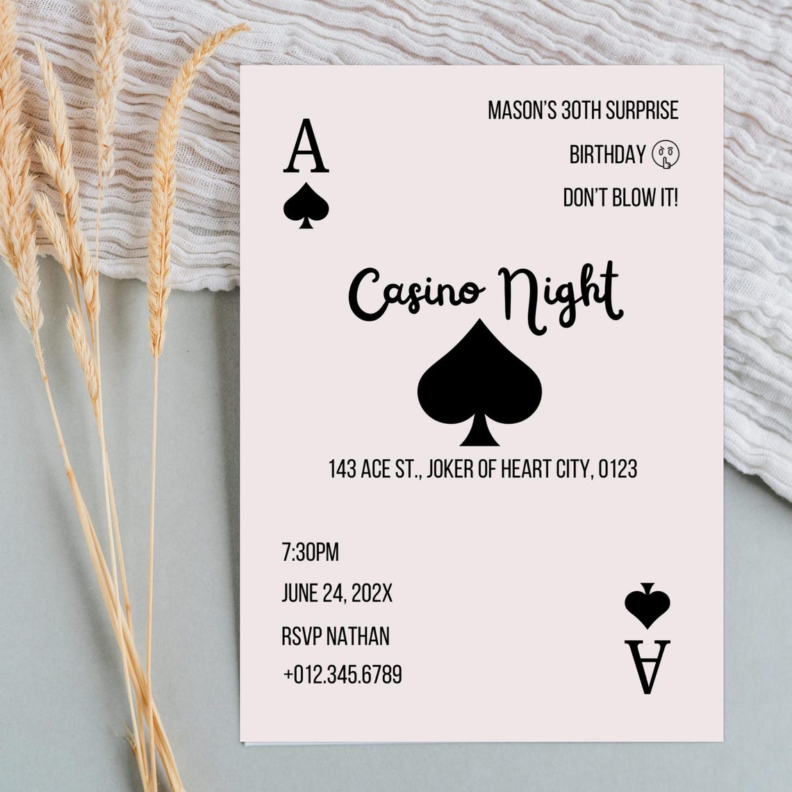 Minimalist Trendy Invitation Casino Poker Invitation Printable Ace Card ...
