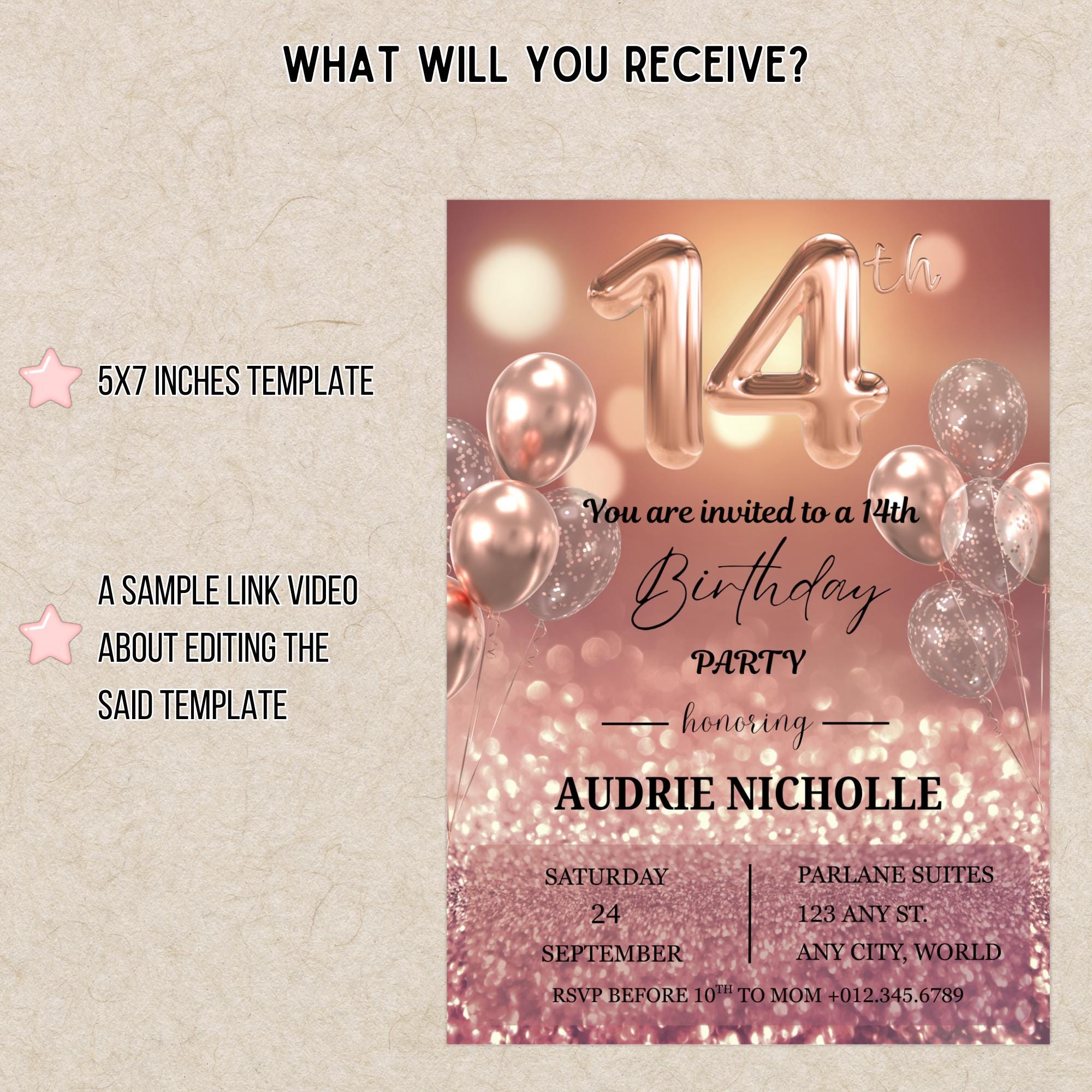 Editable Rose Gold 14th Birthday Invitation Girls Printable Teens 14 ...