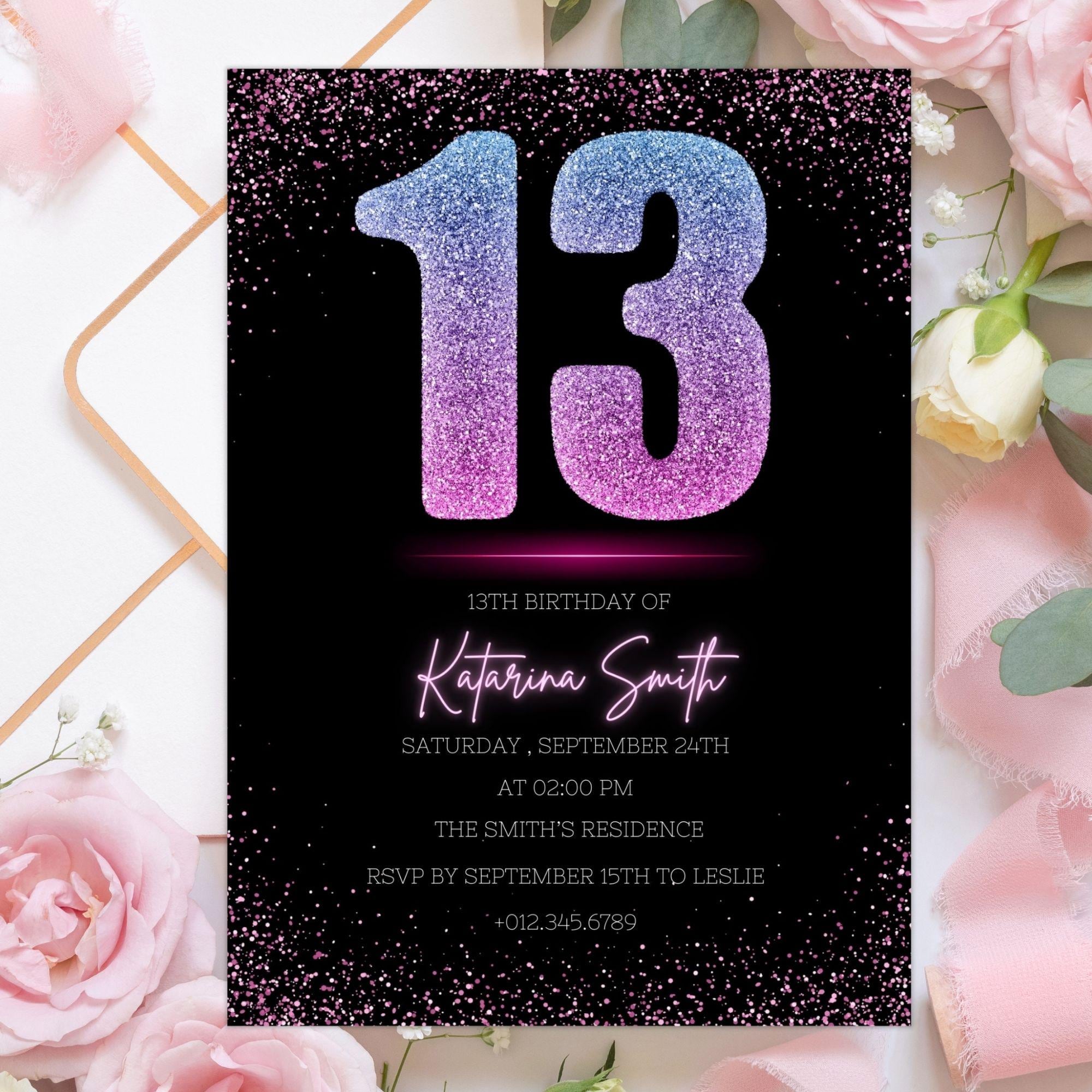 Editable 13th Birthday Invitation Card Thirteenth Day Girls 13th Day ...