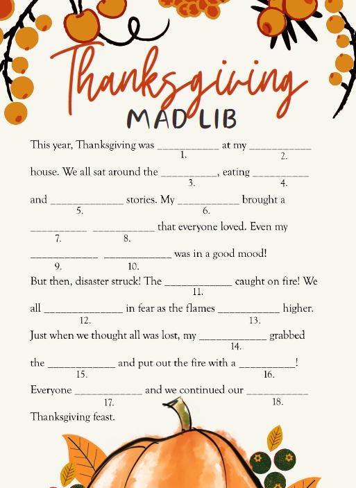 Thanksgiving Mad Lib - Etsy