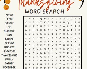 Thanksgiving Word Search, Printable Thanksgiving Word Search, Black and ...