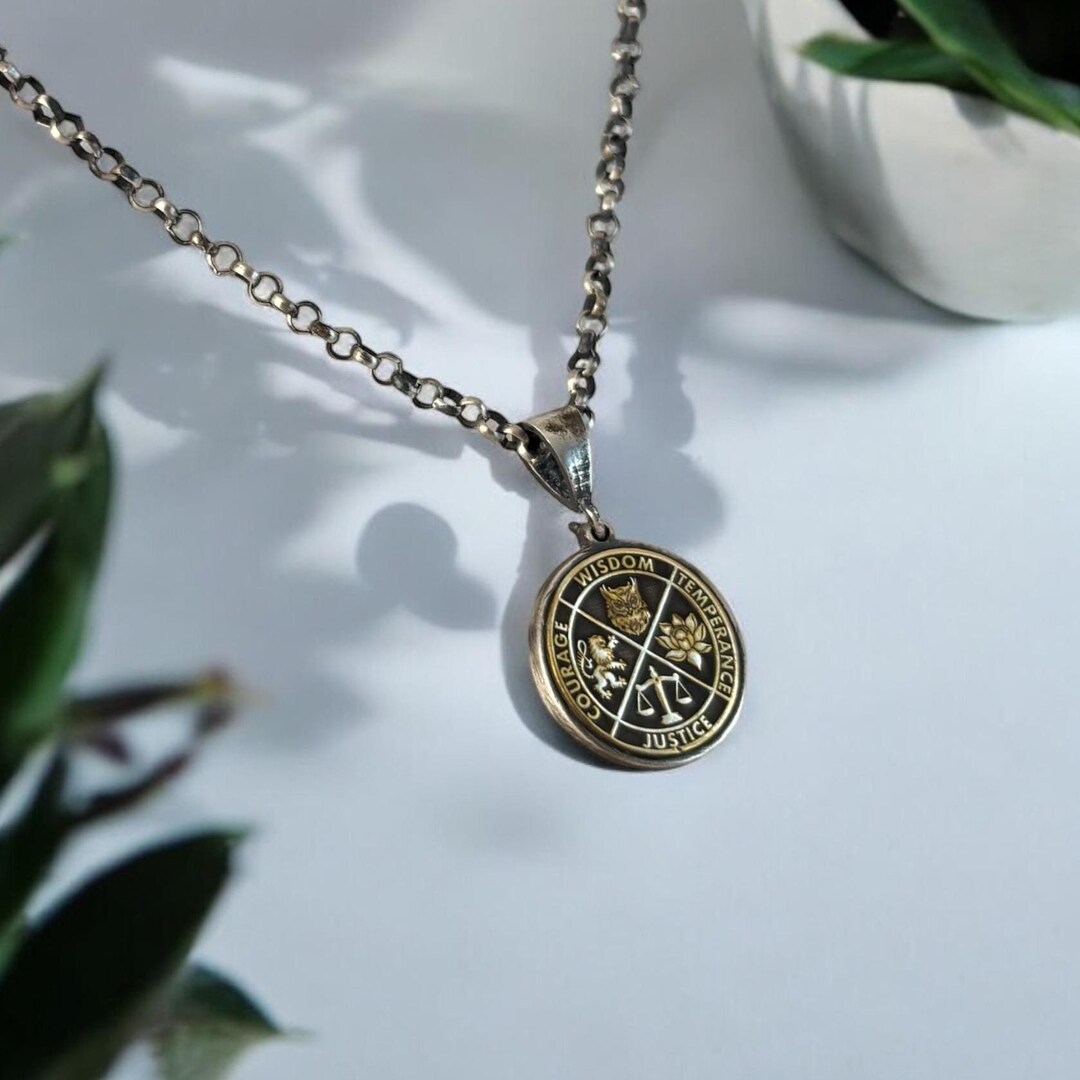 The Cardinal Virtues Necklace, Silver Stoic Compass Pendant, Justice Coin, Wisdom Charm ...