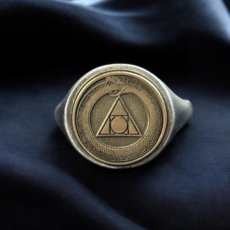 Ouroboros Ring – Silver Alchemy Serpent Signet Ring, Wizard Triangle ...