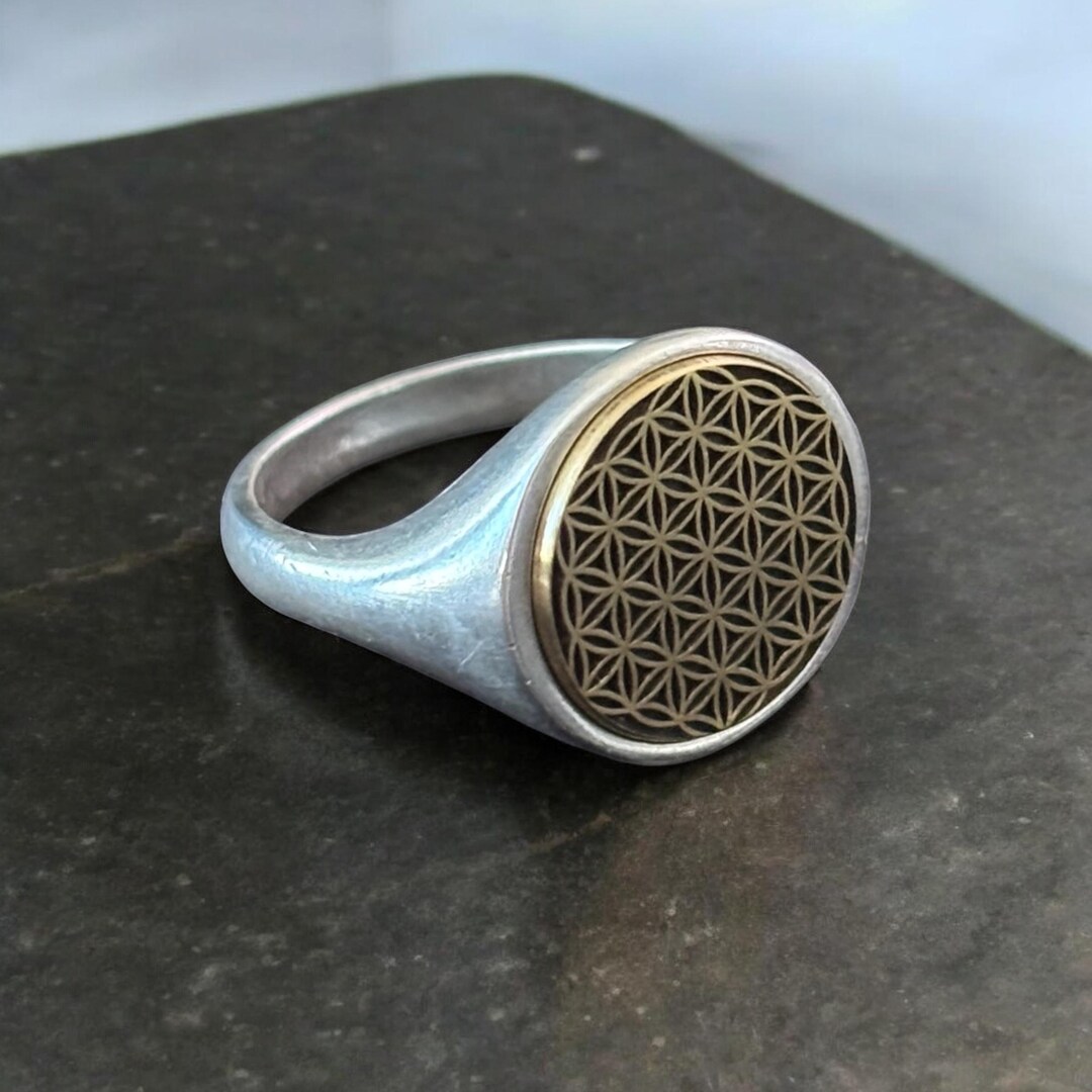 Flower of Life Ring, Silver Seed of Life Signet Ring Men, Geometry ...