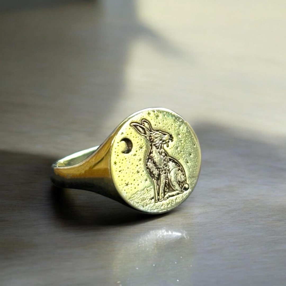 Rabbit Ring, Silver Bunny Pinky Ring Man, Animal Jewelry, Moon and ...