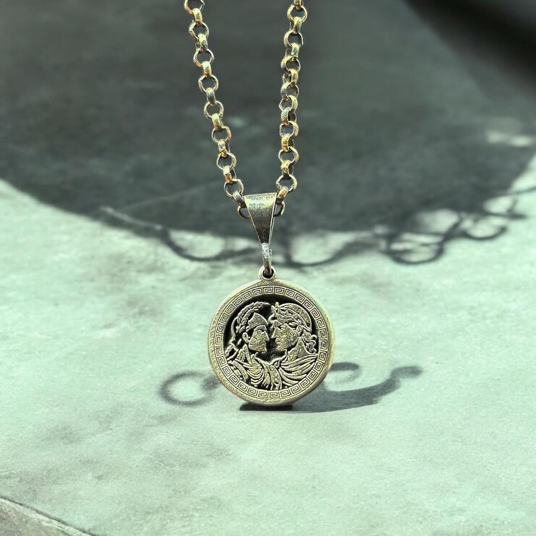 Vintage Achilles and Patroclus Necklace, Oxidized Rustic Greek Coin MLM ...