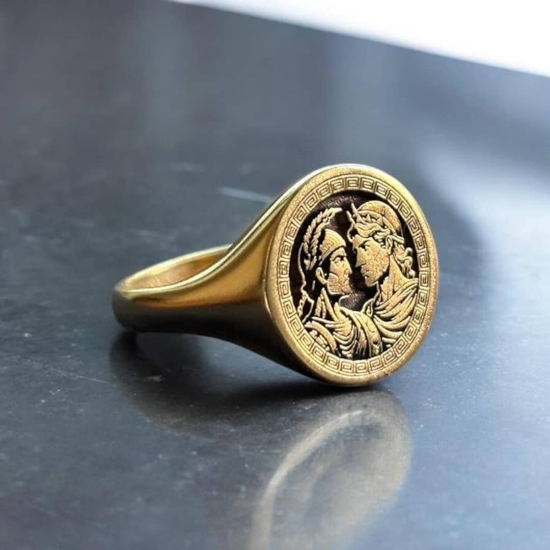 Achilles and Patroclus Ring, Silver Greek Coin MLM Signet Ring, Ancient ...