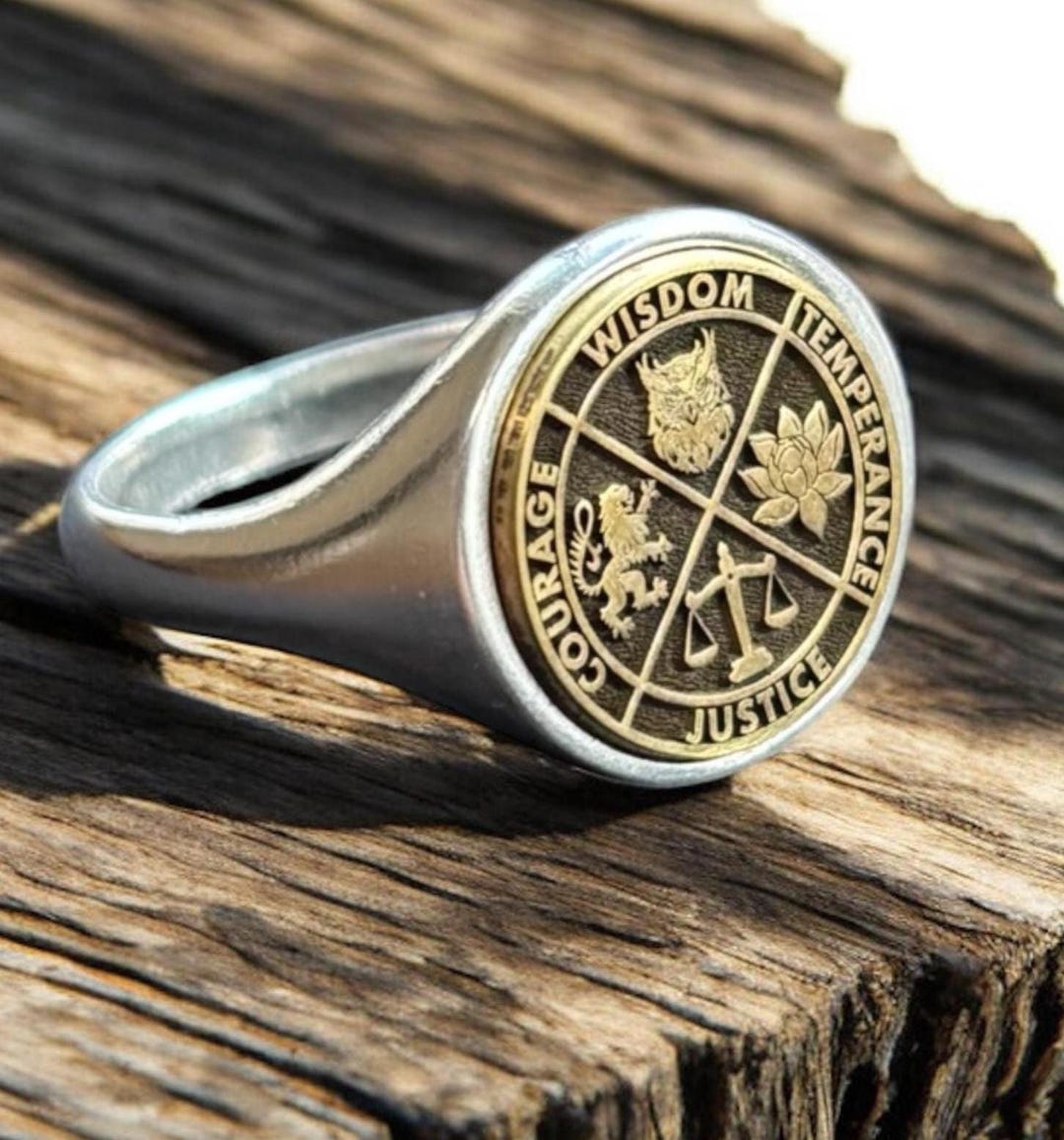 The Cardinal Virtues Ring, Silver Stoic Compass Signet Ring, Justice ...