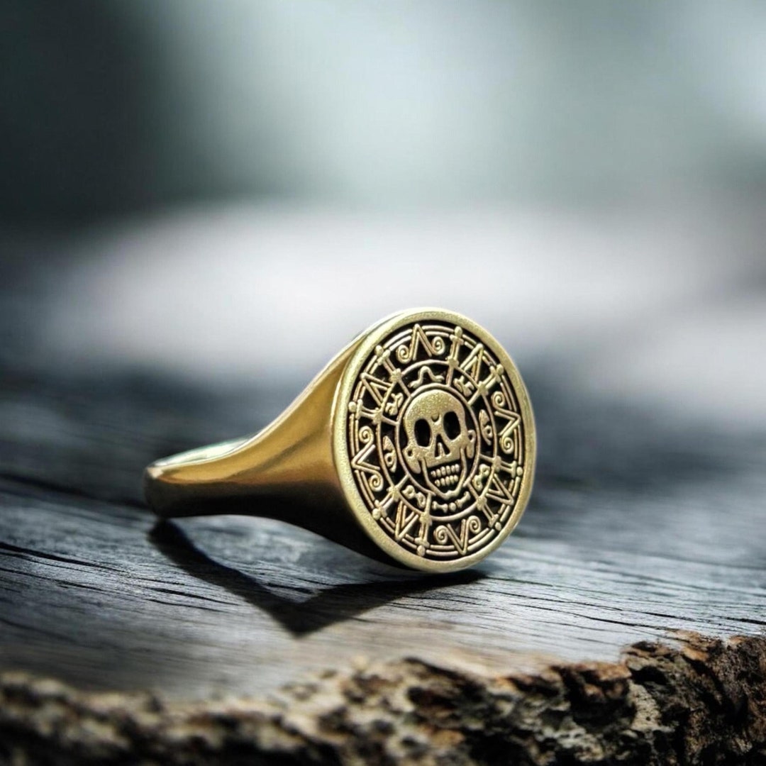 Aztec Coin Ring, Silver Pirate of the Caribbean Signet Ring, Skull ...
