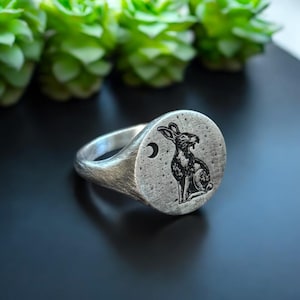 Rabbit Ring, Silver Bunny Pinky Ring Man, Animal Jewelry, Moon and ...