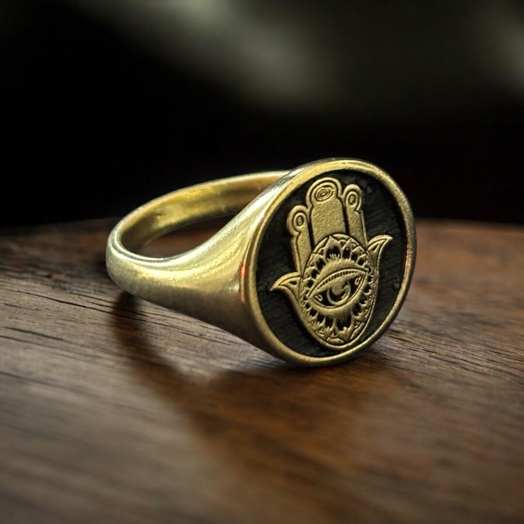Hamsa Hand Ring, Evil Eye Signet Ring, Hand of Miriam Good Luck Jewelry ...
