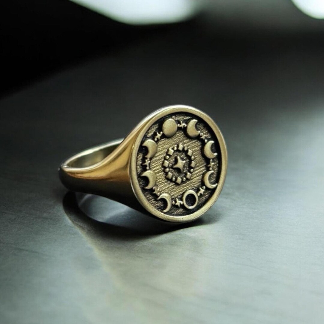 Moon Phase Ring, Crescent Signet Ring, Celestial Pinky Ring Men ...