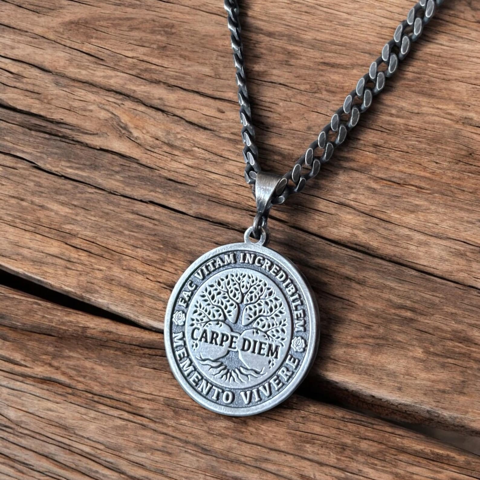 Carpe Diem Necklace, Silver Memento Mori Signet Pendant, Life Tree ...