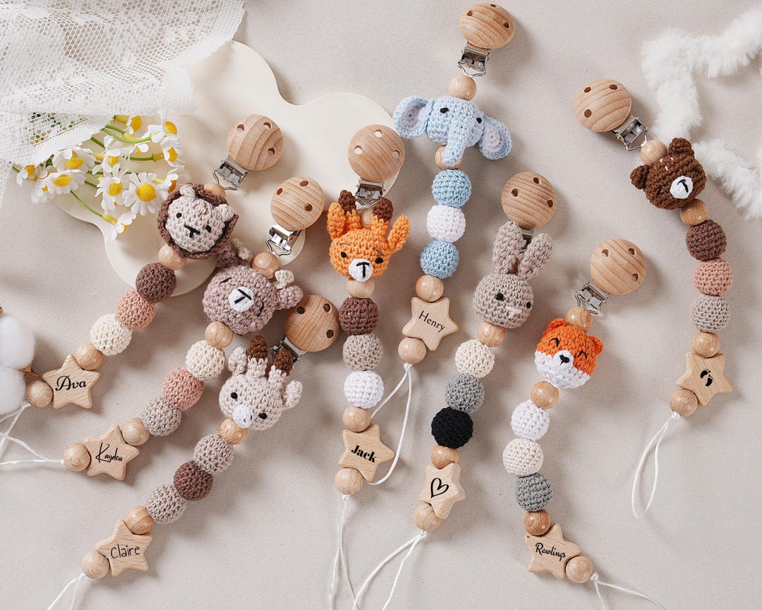 Personalized Dummy Clip With Crocheted Animal for Baby Shower Gift ...