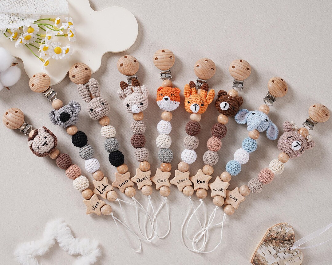 Personalized Dummy Clip With Crocheted Animal for Baby Shower Gift ...