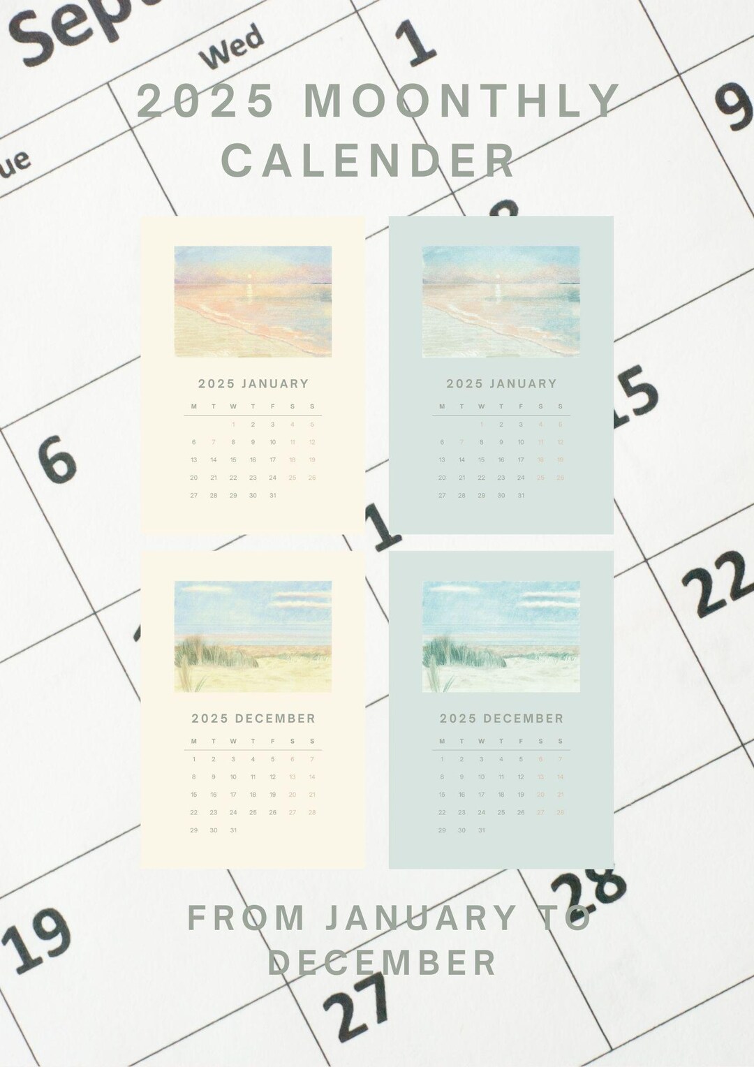 2025 Pastel Minimalist Watercolor Monthly Calendar - PDF Download, Two ...
