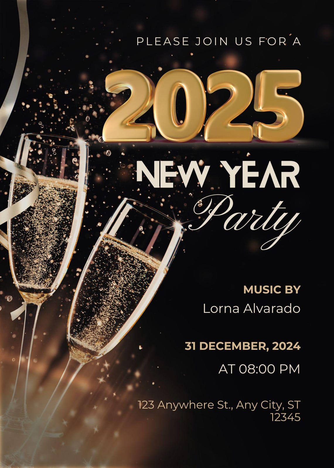 Elegant New Year Party Invitation Template 2025 Champagne & Glitter Design Printable ,digital ...