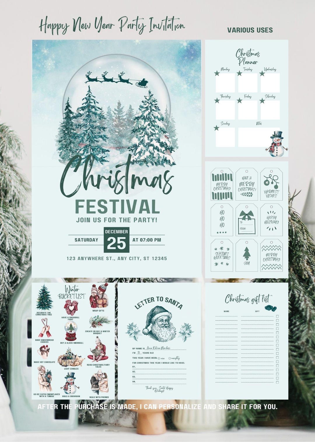 Festive Christmas Party Invitation Set Editable Digital Download - Etsy