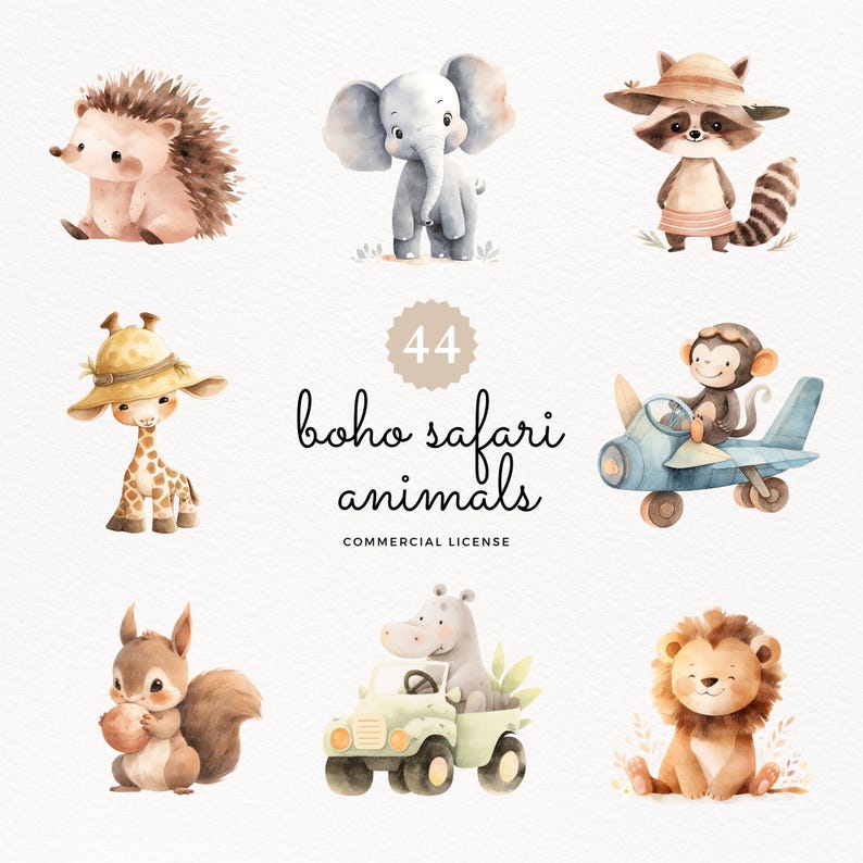 44 Watercolor Baby Safari Nursey Set, Baby Boho Safari Clipart, Cute ...