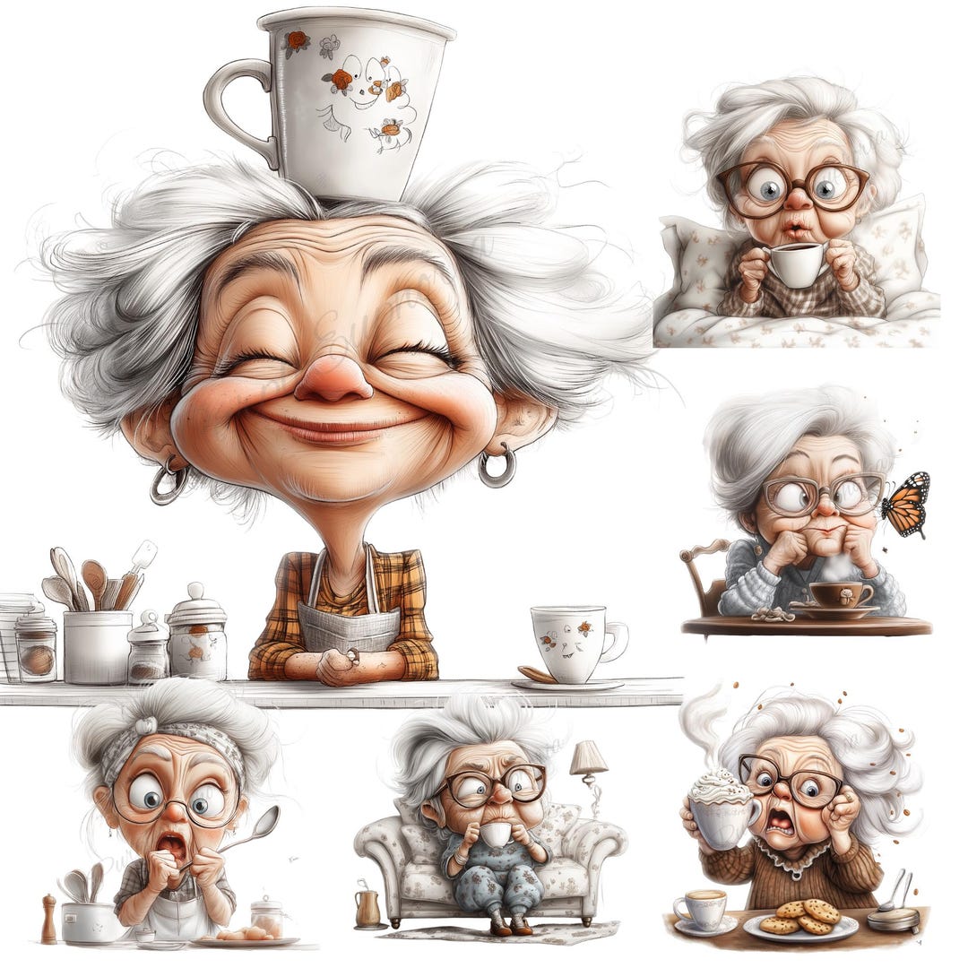 24 lustige alte Damen-Clipart-Pack mit heißem Kaffee Clipart, süße Oma ...