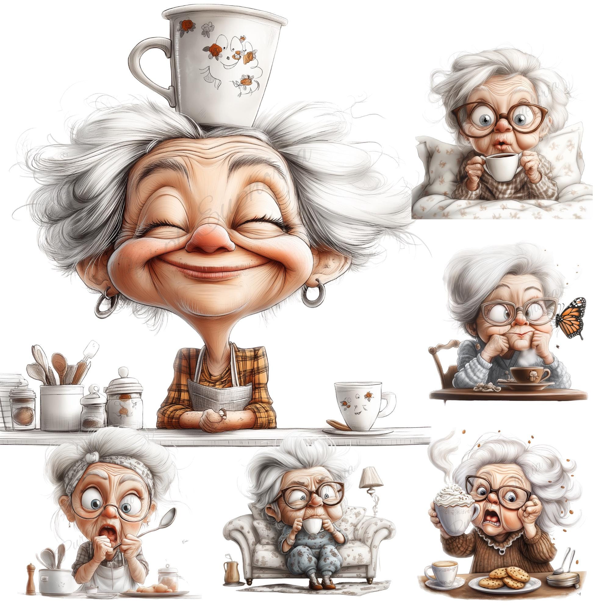 24 Funny Old Ladies Clipart Pack With Hot Coffee Clipart, Cute Grandma ...