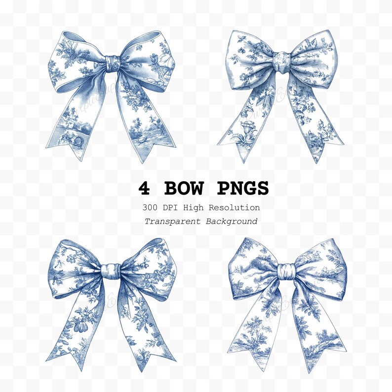 4 Toile Chinoiserie Bow Png Bundle, Christmas Coquette Blue Bow Prints ...