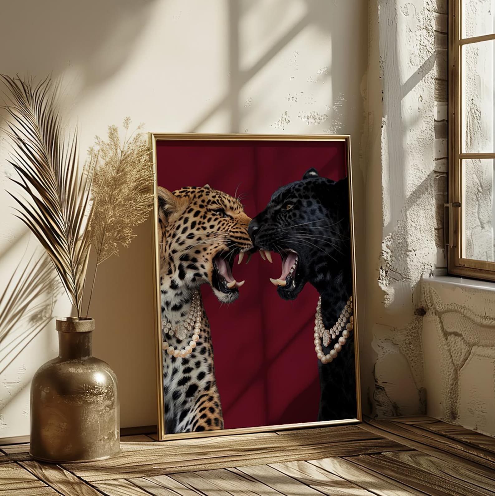 Burgundy Leopard and Jaguar Print, Panther Wall Art, Vintage ...
