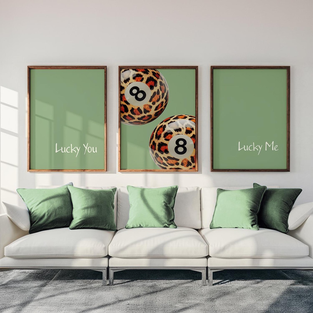 Sage Green Set of 3 Lucky Leopard Prints 8 Pool Ball Print Preppy ...