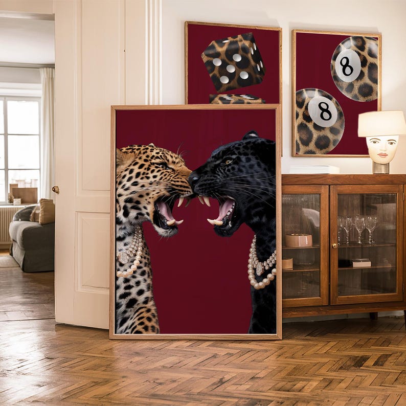 Burgundy Leopard and Jaguar Prints Set of 3 Wall Art Leopard Print ...