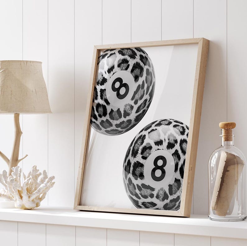 Trendy Leopard Prints, 8 Pool Ball Print, Black and White Decor, Lucky ...
