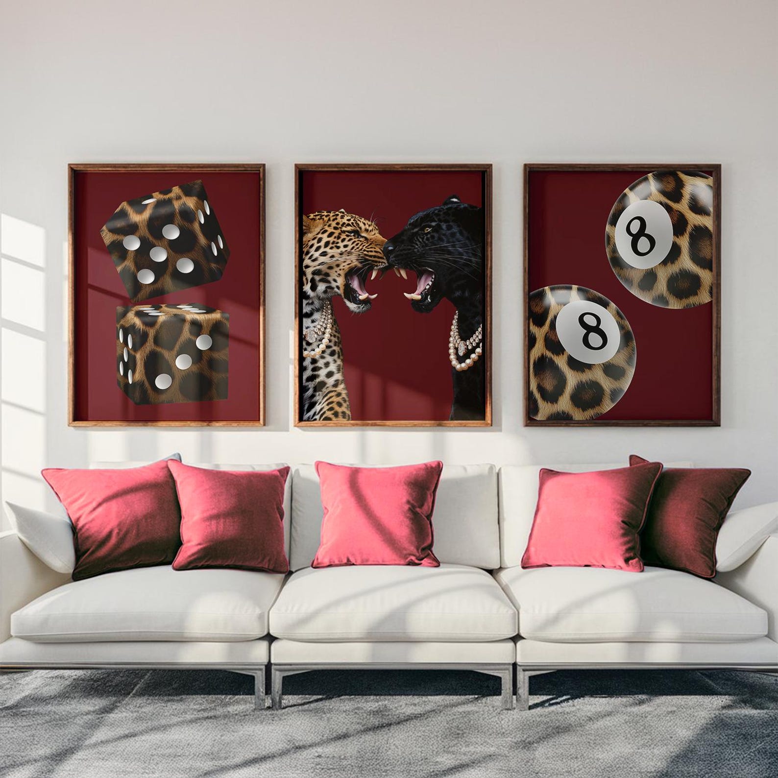 Burgundy Leopard and Jaguar Prints Set of 3 Wall Art Leopard Print ...