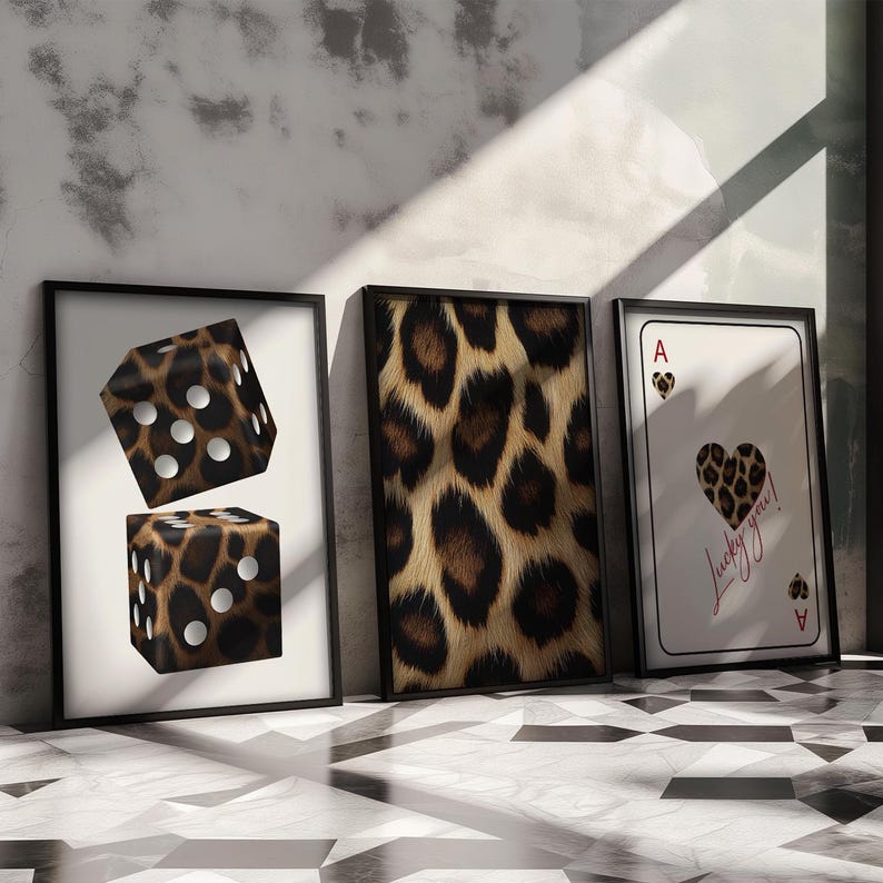Cheetah Wall Art Prints Set of 3 Wall Decor Leopard Print Dice Lucky ...