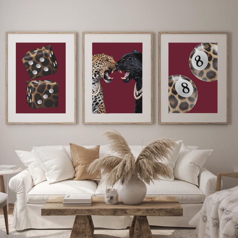 Burgundy Leopard and Jaguar Prints Set of 3 Wall Art Leopard Print ...
