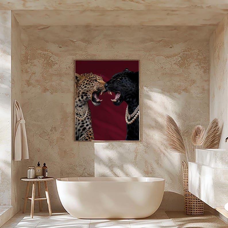 Burgundy Leopard and Jaguar Print, Panther Wall Art, Vintage ...