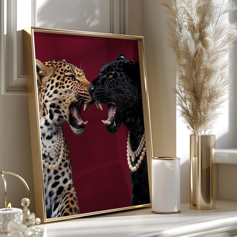 Burgundy Leopard and Jaguar Print, Panther Wall Art, Vintage ...