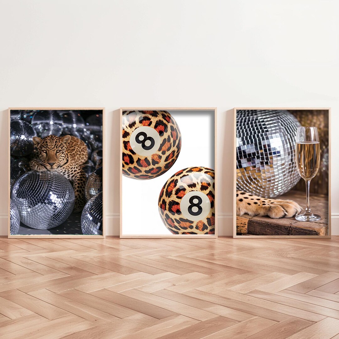 Leopard Disco Ball Prints Set of 3 Lucky Poster 8 Pool Ball Print Above ...