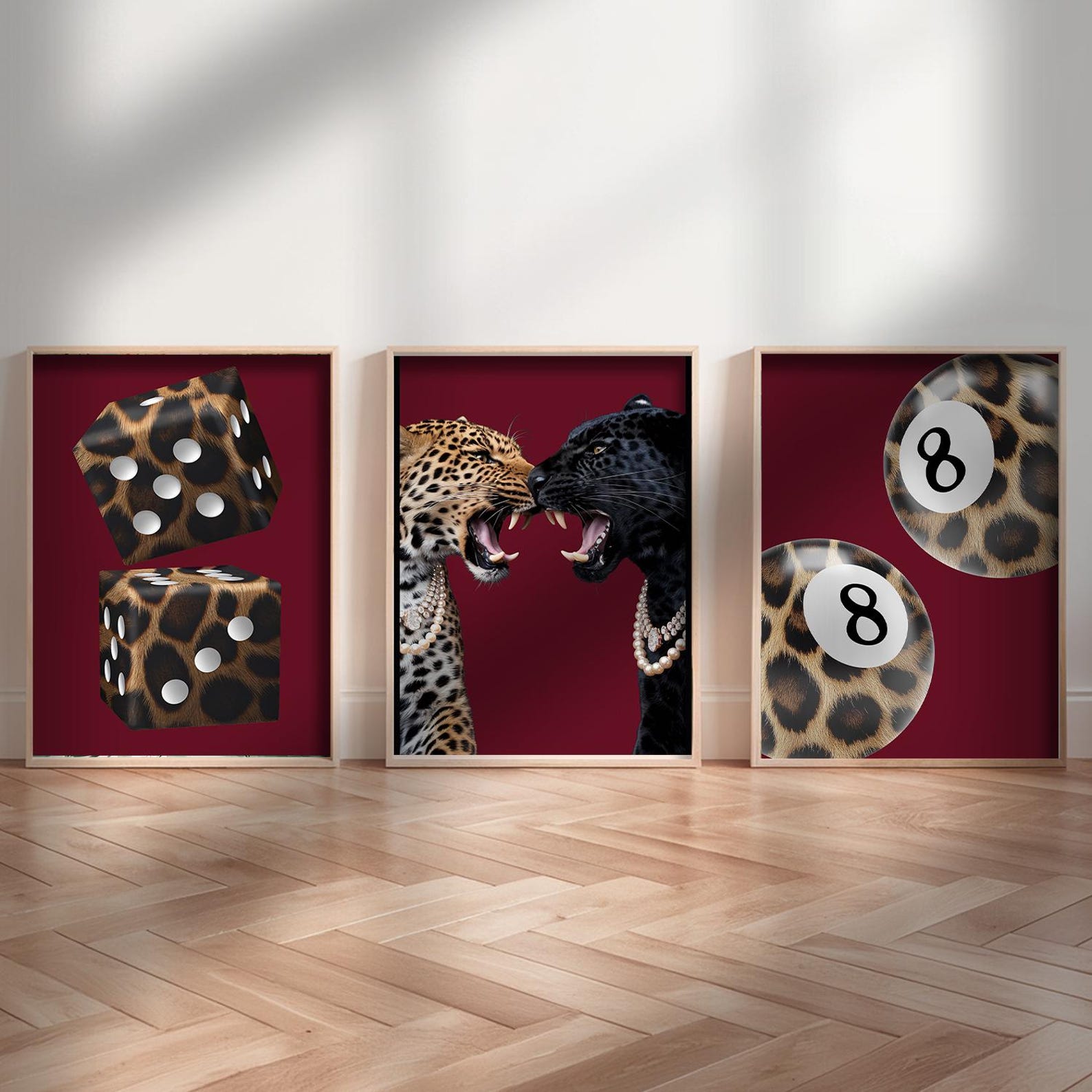 Burgundy Leopard and Jaguar Prints Set of 3 Wall Art Leopard Print ...