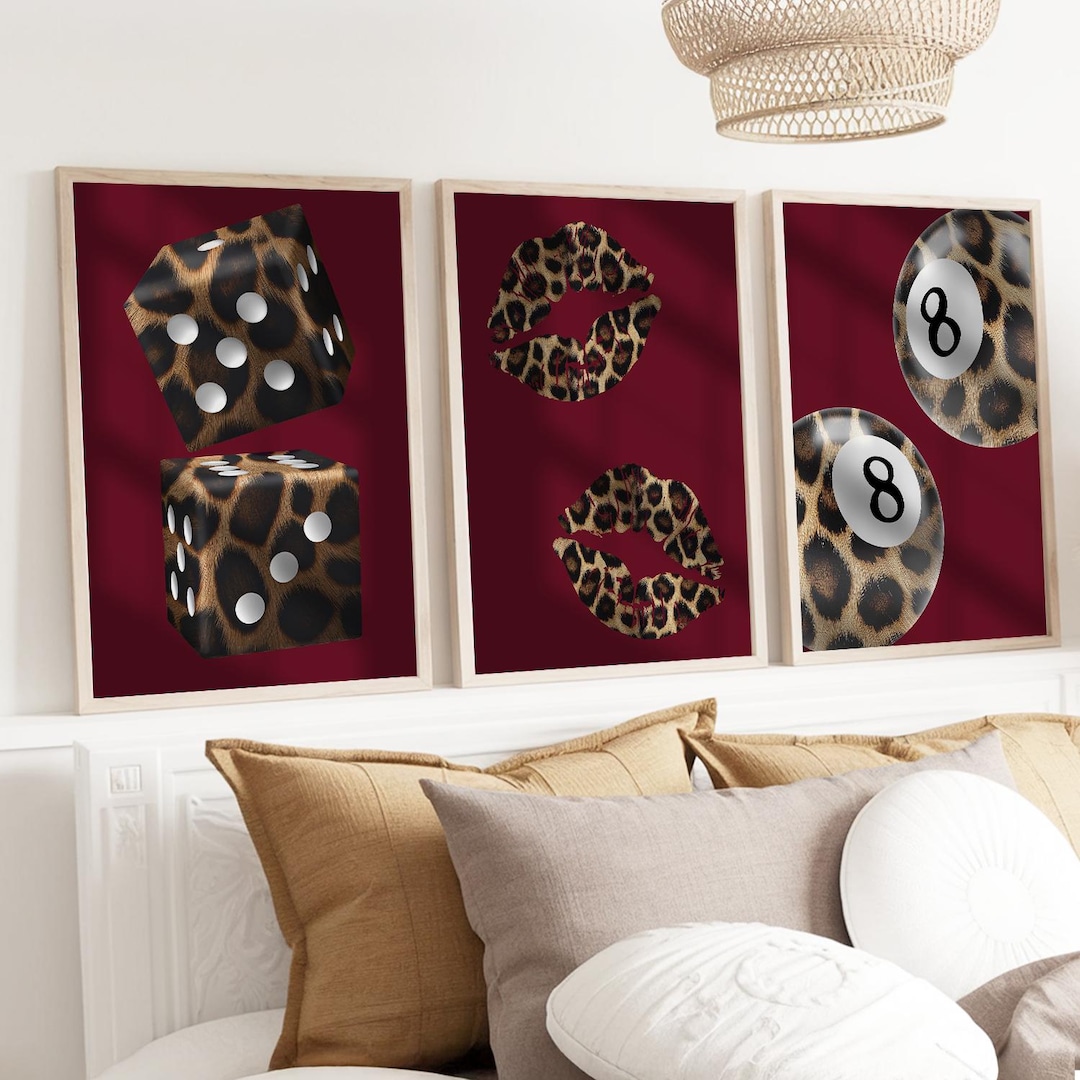 Burgundy Leopard Prints Set of 3 Wall Art Leopard Print Kiss Trendy ...