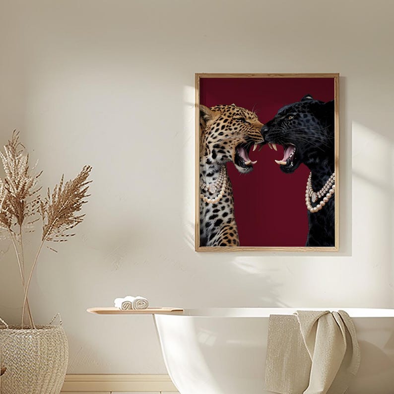 Burgundy Leopard and Jaguar Print, Panther Wall Art, Vintage ...