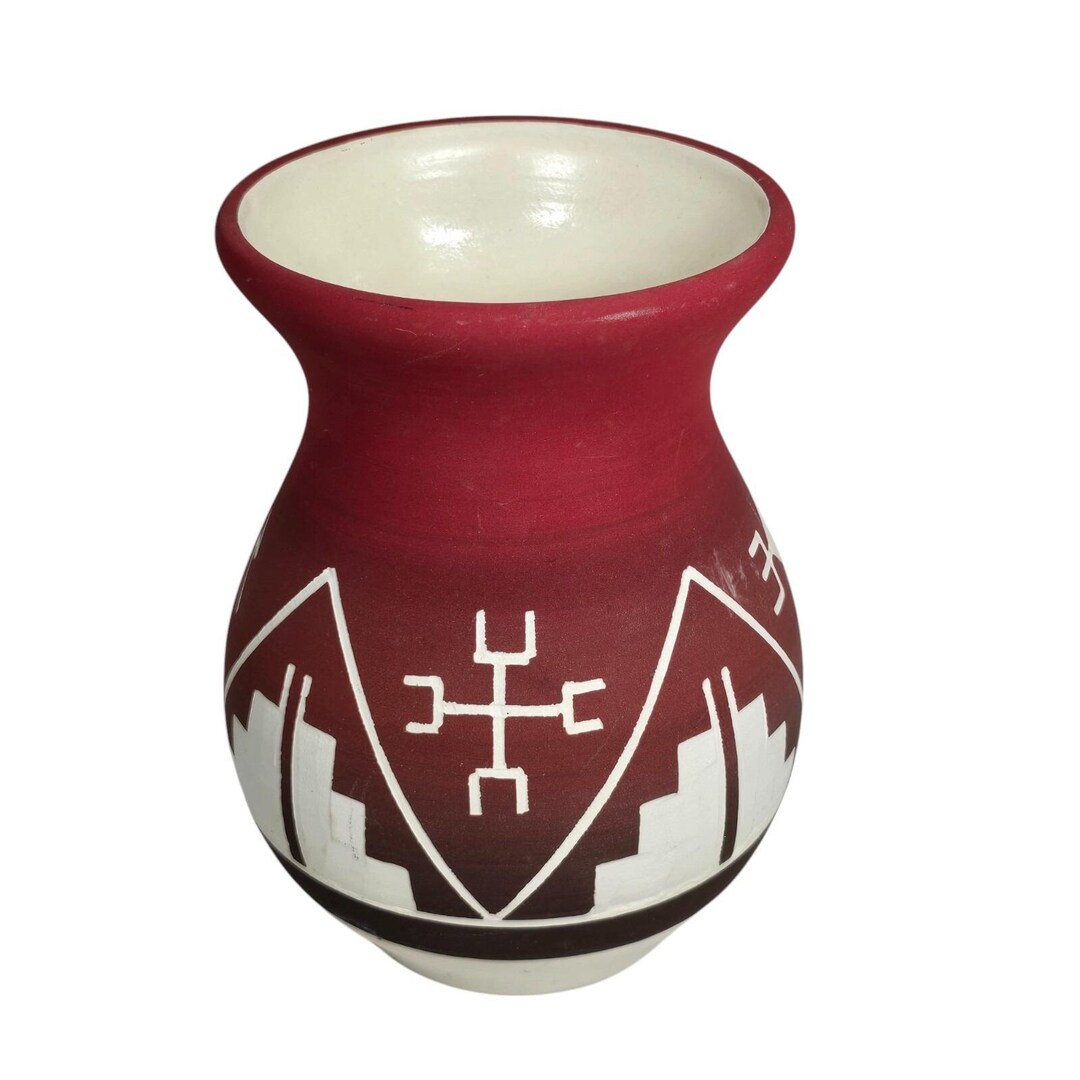 Native American Pottery Vase High Elk Sioux Tribal Design Red White 6 ...