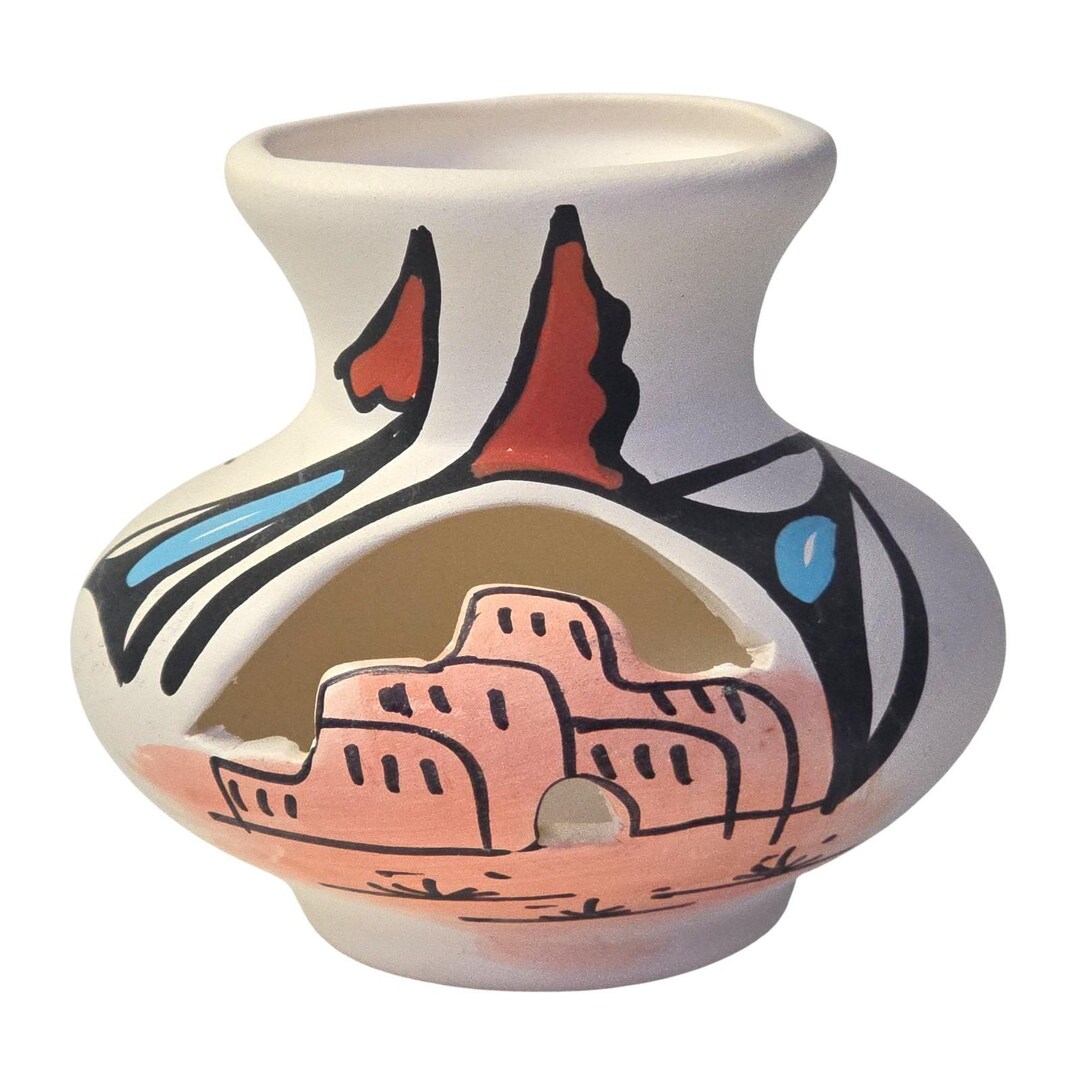 Jemez Pueblo Pottery Vase L. Toya NM Southwestern Cutout Pueblo Scene ...