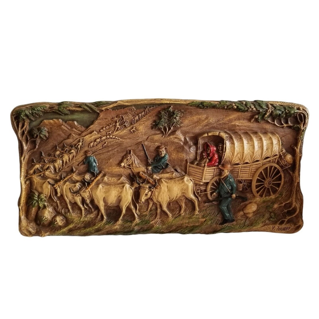 Vintage Wall Decor Wagon Train VOORTREKKER Scene SIGNED Victor Ivanoff ...
