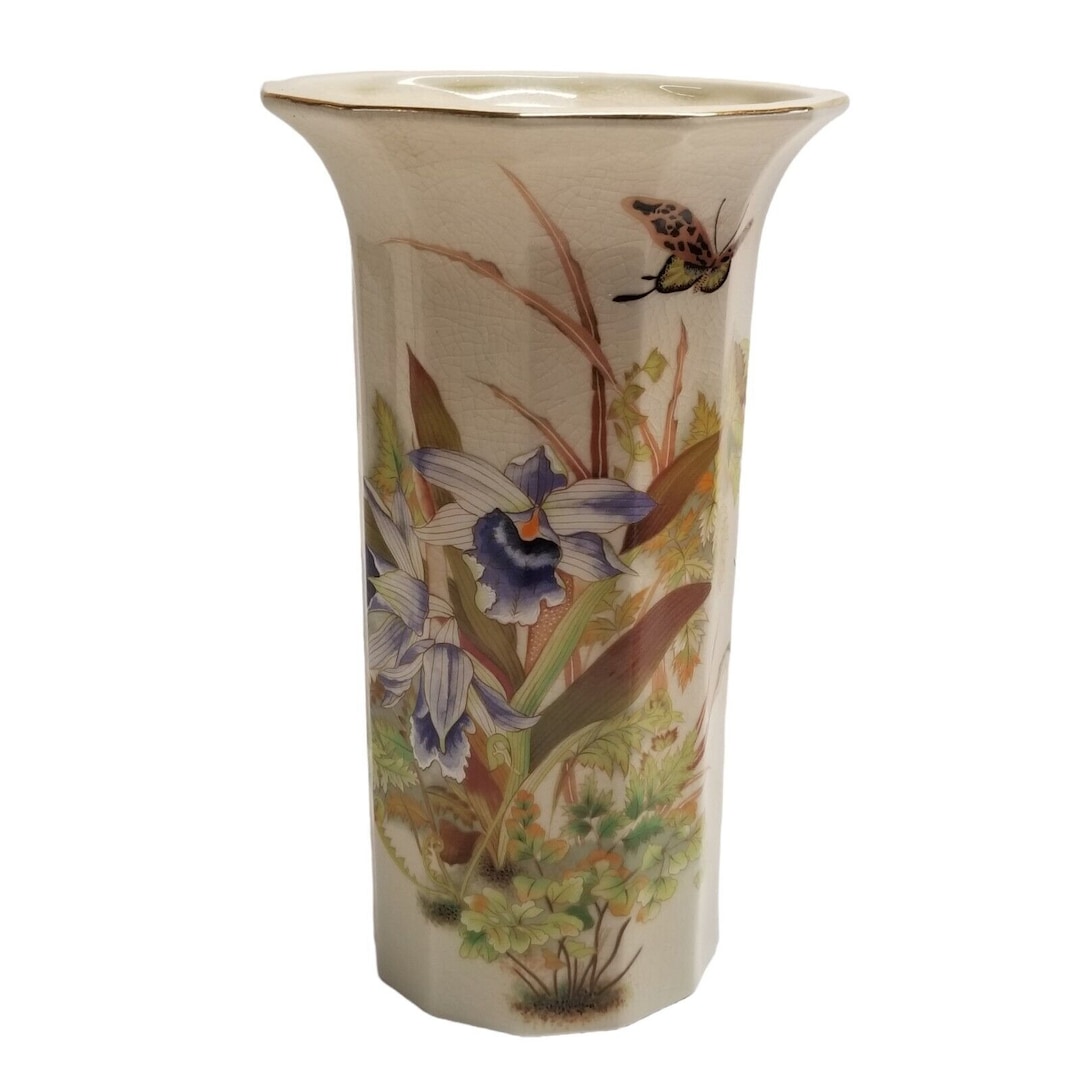 Toyo Tropical Orchid Vase Orchid Butterfly Crackle Glaze Japan Vintage ...