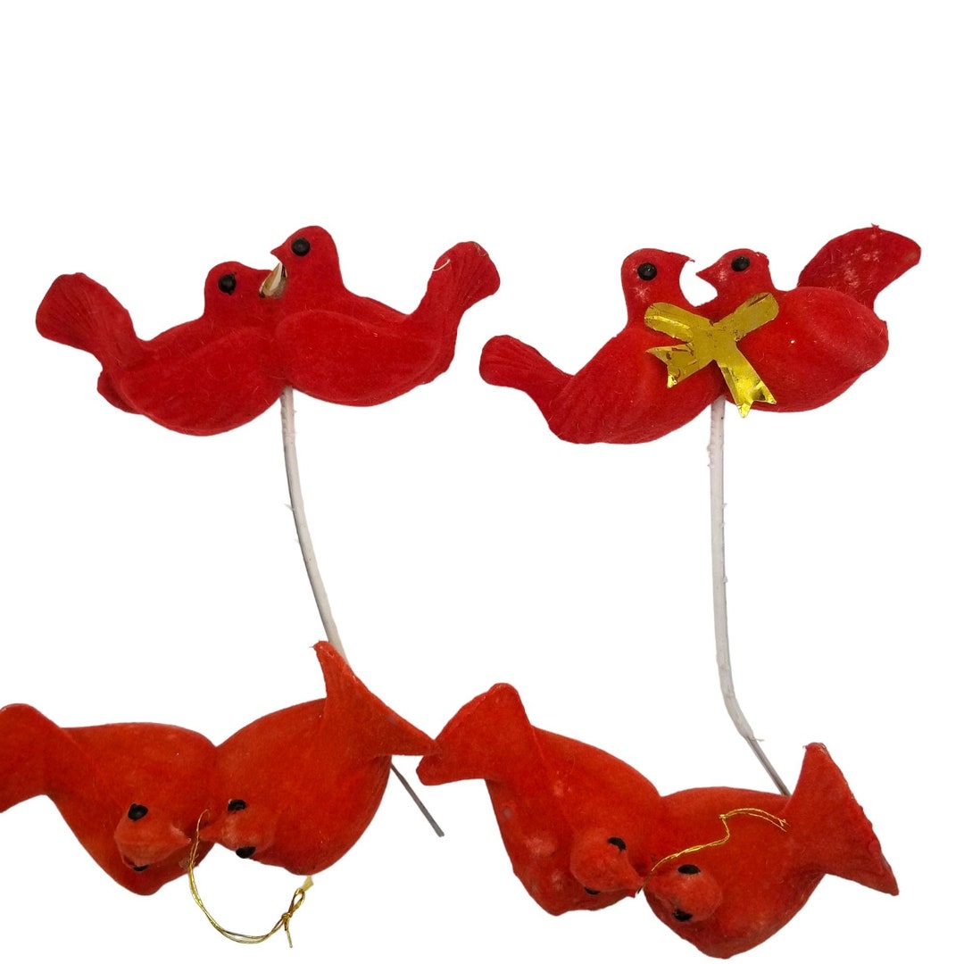 Vintage Flocked Birds Figures Red Christmas Holiday Crafting Supply ...