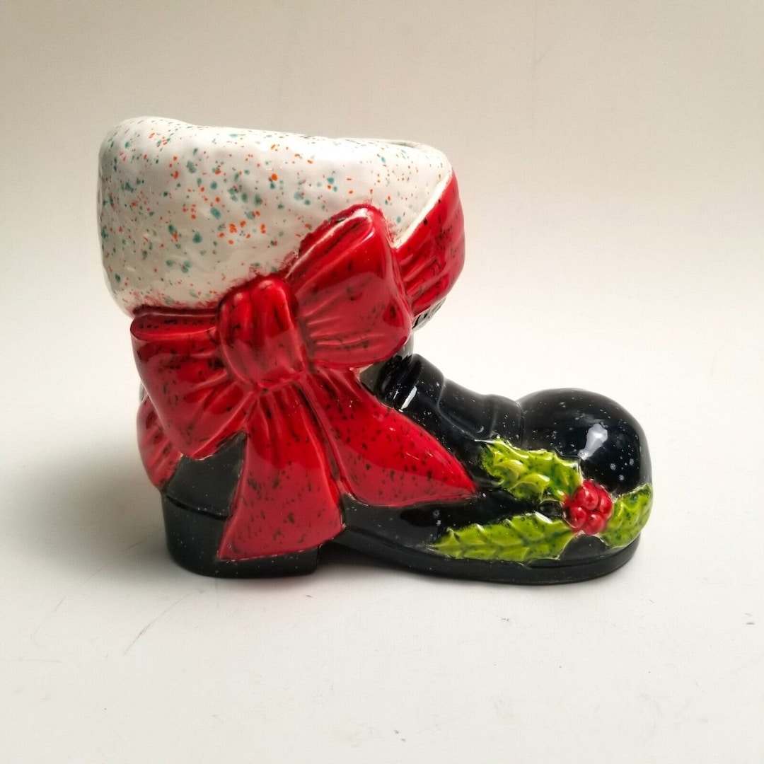 Ceramic Santa Claus Boot Black Christmas Vintage Holly Vase Planter ...