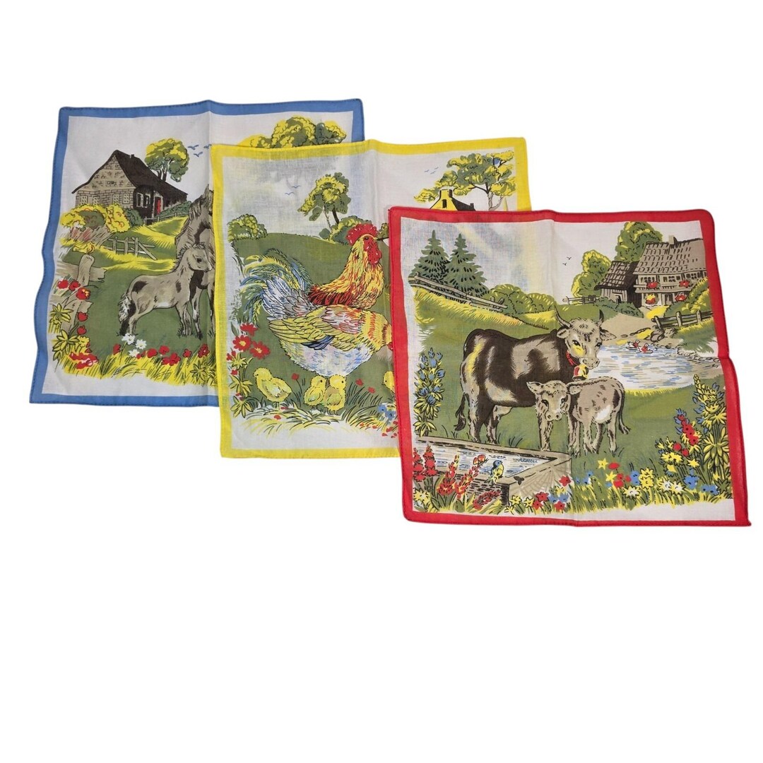 Vintage Handkerchief Set Illustrated Hankie Farm Cow Chicken Horse ...