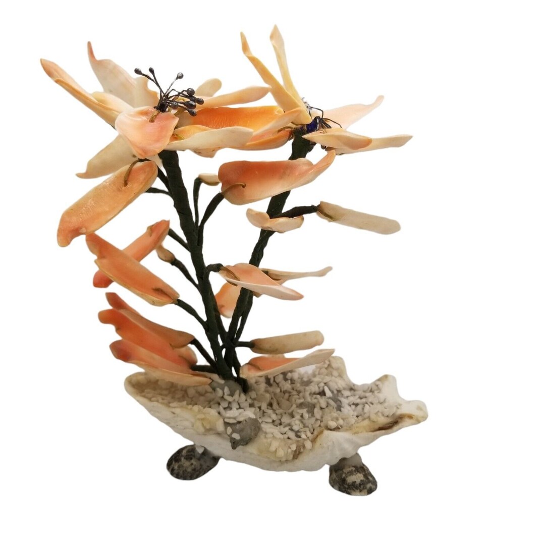 Bonsai Tree Shell Art Coffee Table Decor Flower Mid Century Beach House ...