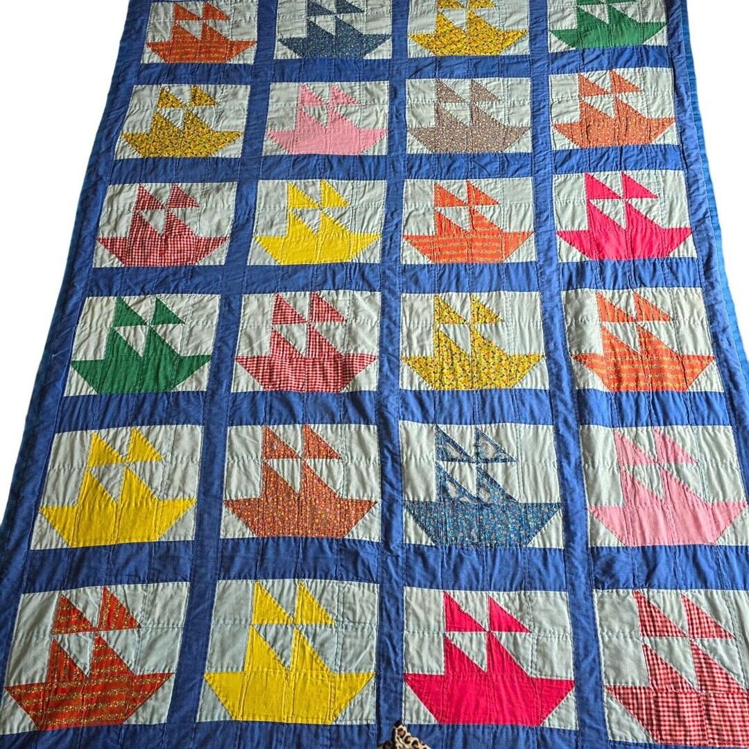 Vintage Quilt Handmade Sailboat Blocks Blue Hand Sewn 57 X 83 Nautical ...